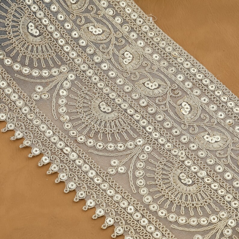 Antique Gold Zardozi & Sequin Work Indian Embroidered Lace Trim, Scalloped Zari Net Fabric Sari ...