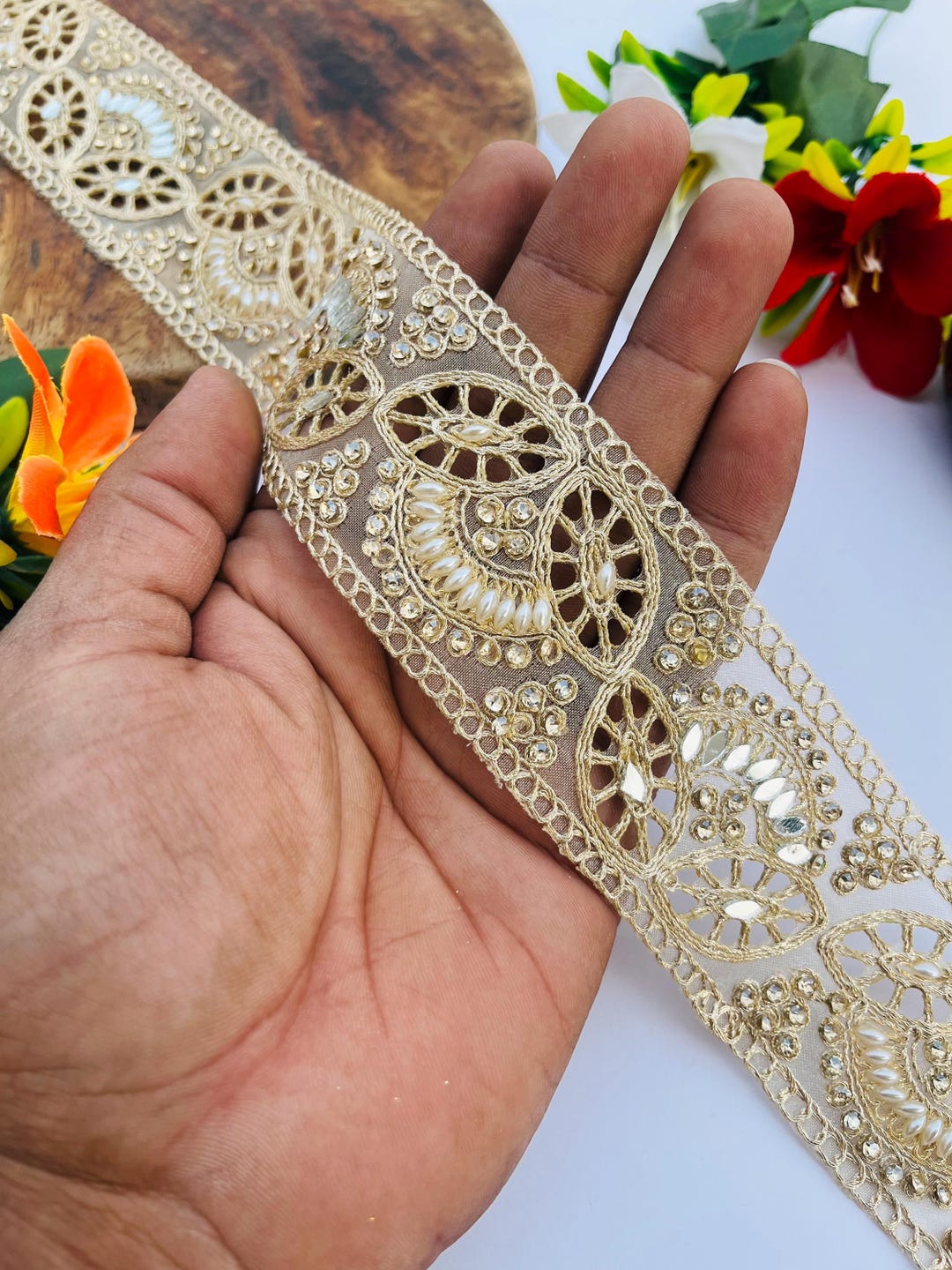 2 Inch Gold Embroidered Trim | Pearl Rhinestone Border Lace, 1 Yard - Etsy