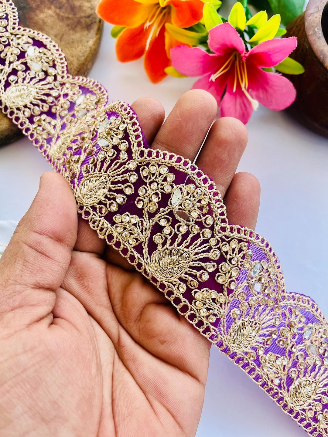 Purple and Gold Embellished Trim – Bridal Embroidered Lace Border, 1 ...