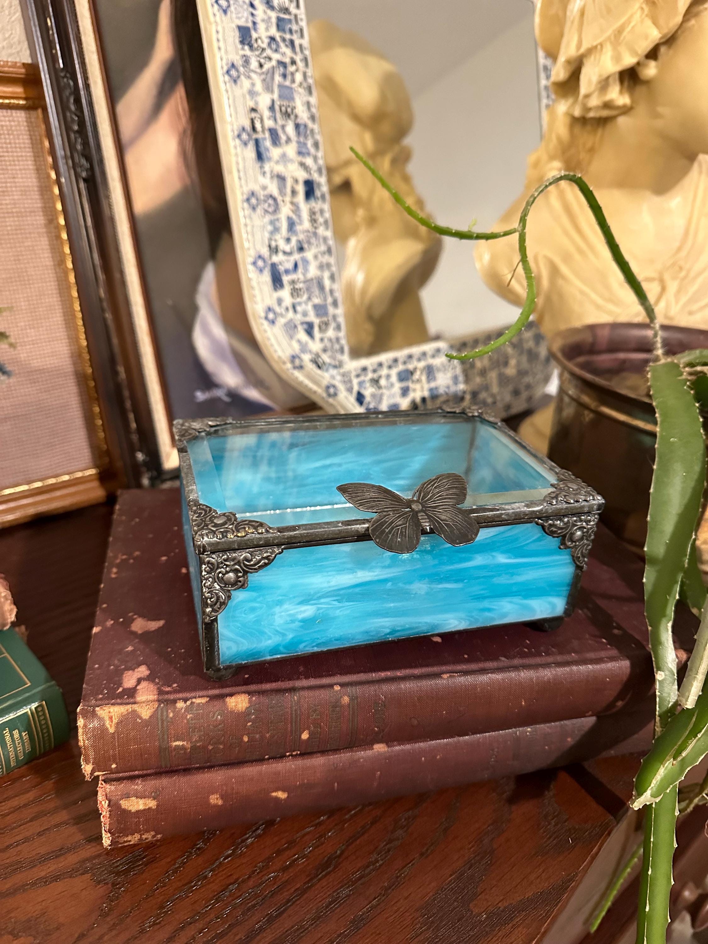 Blue Stained Glass Jewelry/trinket Box with Butterfly/silver Plated ...