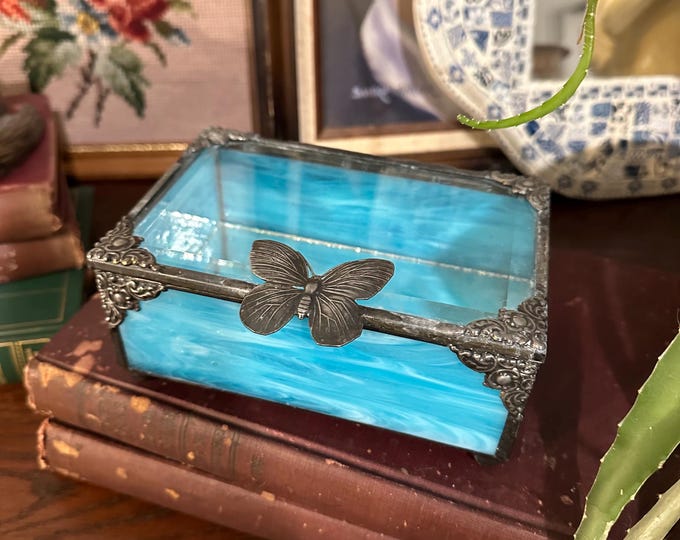 Blue Stained Glass Jewelry/trinket Box (with Butterfly/silver Plated ...