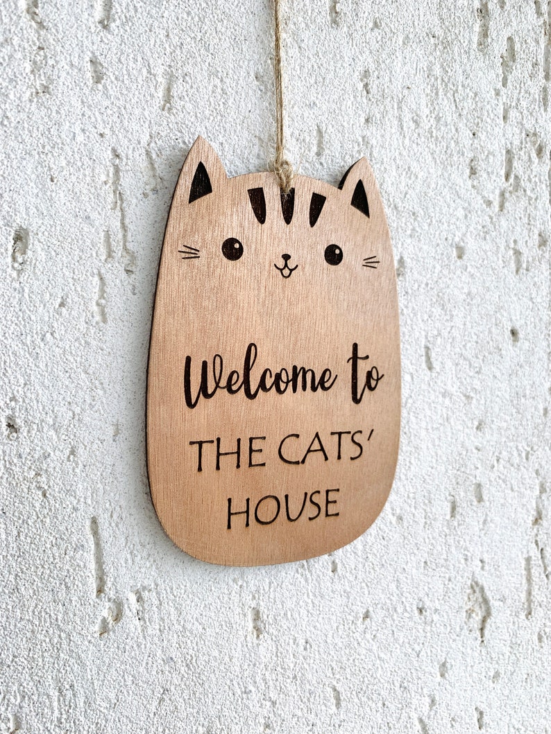 Welcome to the Cats House Wood Sign: Engraved Cat Lover Plaque - Etsy