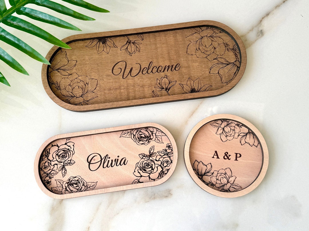 Personalized Jewelry Tray Engraved Oval Wooden Vanity Tray Magnolias ...