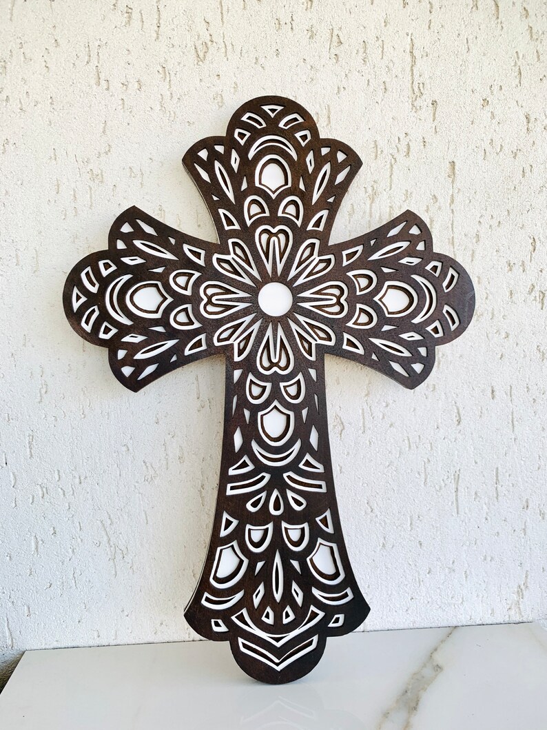 Large Wood Wall Cross 3D Layered Mandala Cross Religious - Etsy