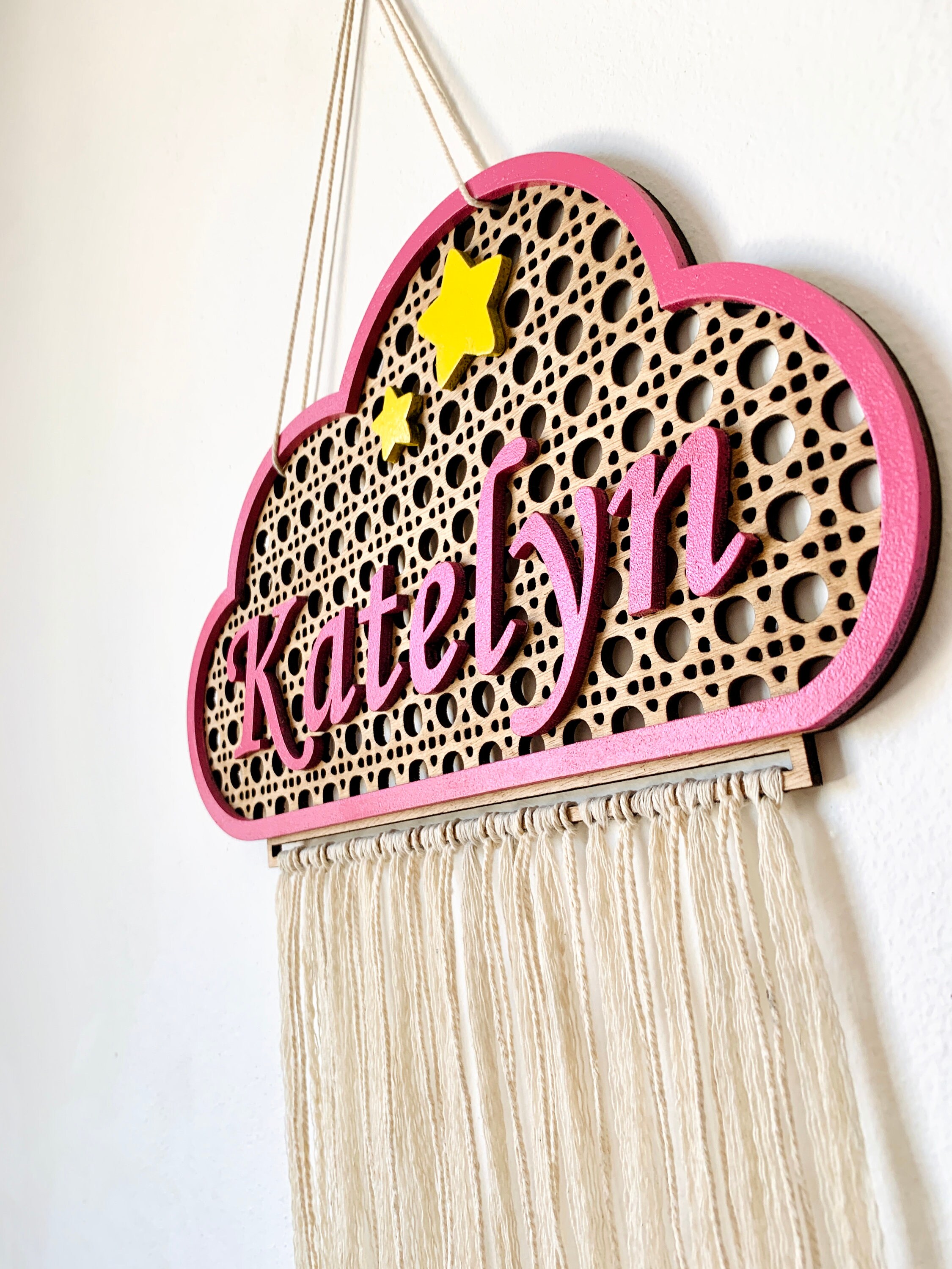 Personalized Cloud Baby Name Sign - Rattan Nursery Wood Plaque, Cane ...