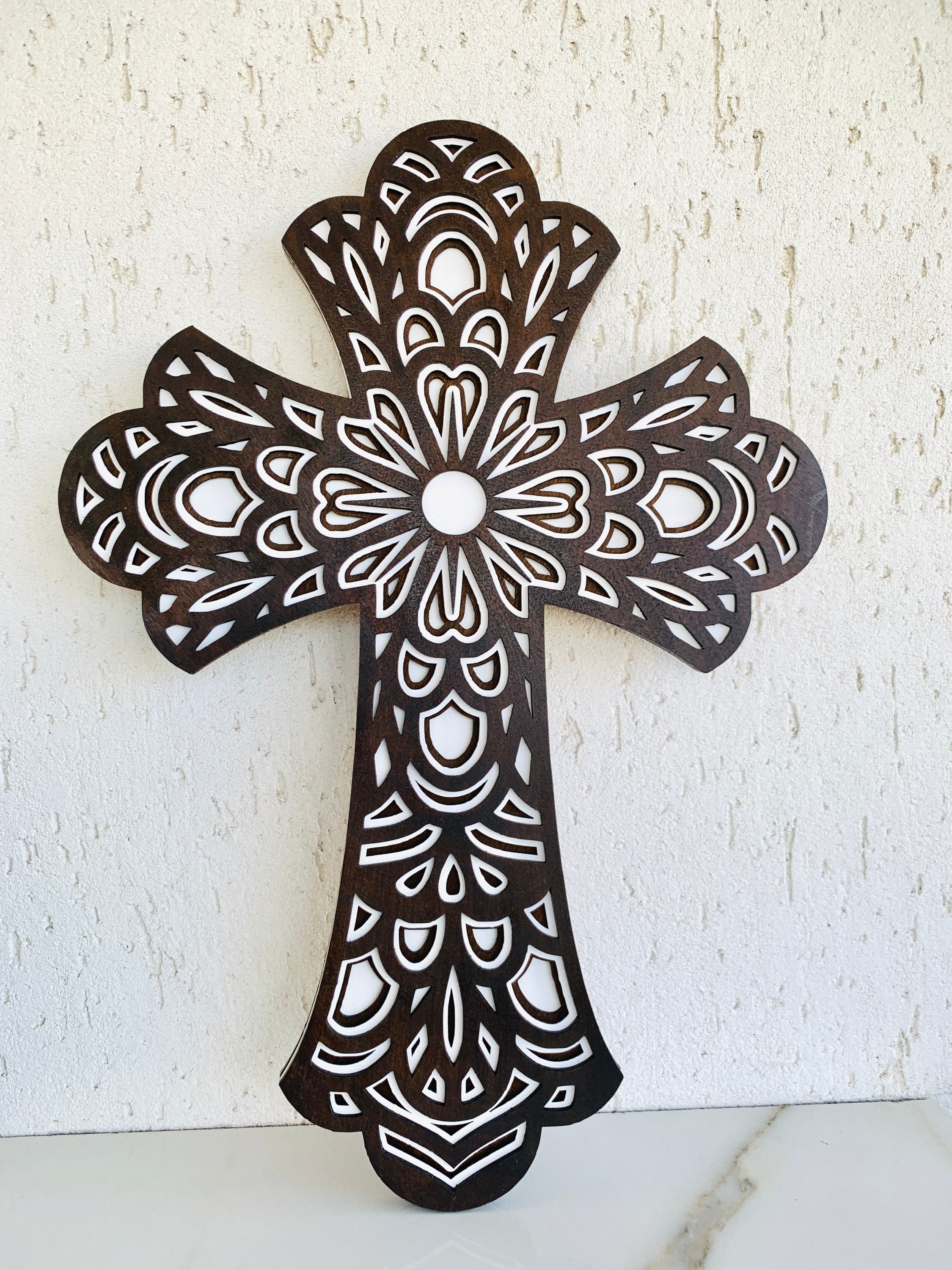 Large Wood Wall Cross 3D Layered Mandala Cross Religious - Etsy