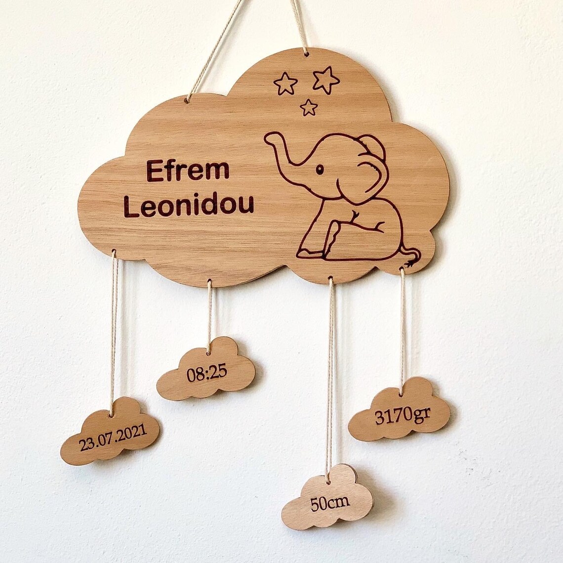 Personalized Wooden Cloud Nursery Sign: Engraved Birth Stats, Baby Name ...