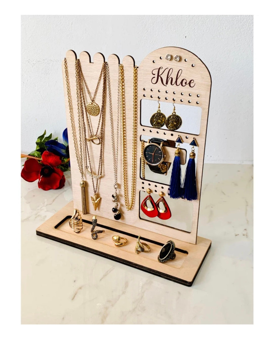 Jewelry Stand Organizer Wood Personalized Rings Necklaces Bracelets ...
