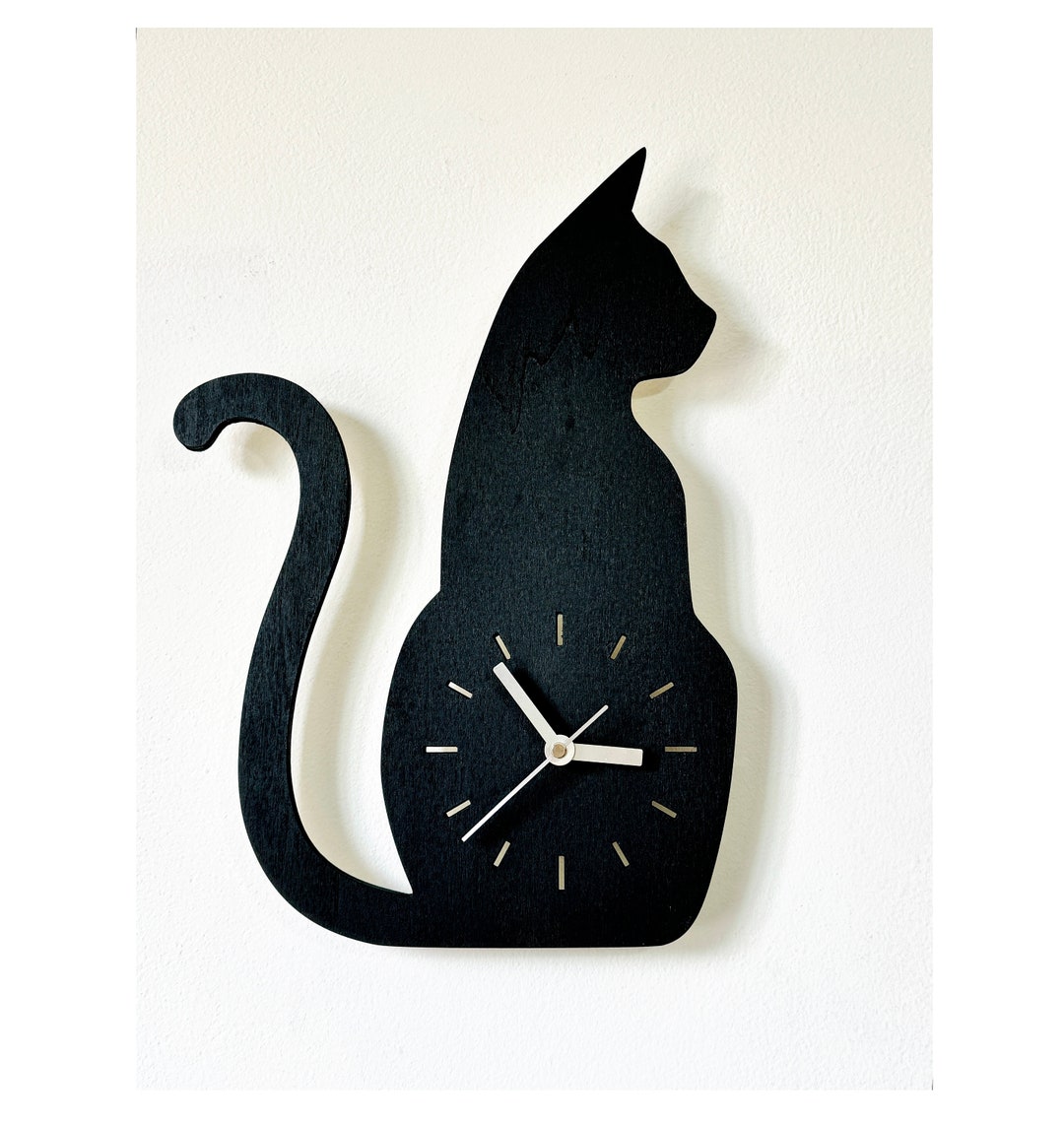 Black & Gold Cat Wall Clock: Elegant Wood Wall Hanging - Etsy