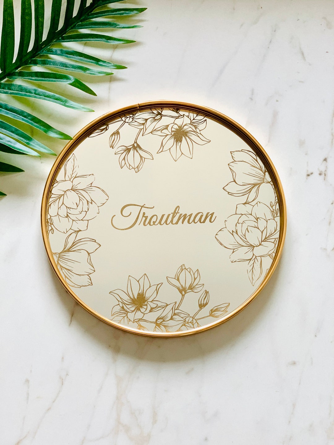 Personalized Jewelry Tray Engraved Round Mirror Vanity Tray Magnolias ...