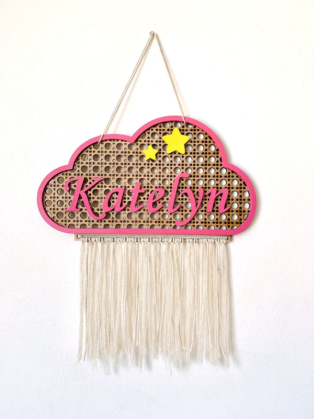 Cloud Baby Name Sign Rattan Personalized Nursery Wood Plaque Cane Cloud Baby Name Sign Rattan Personalized Nursery Wood Plaque Cane
