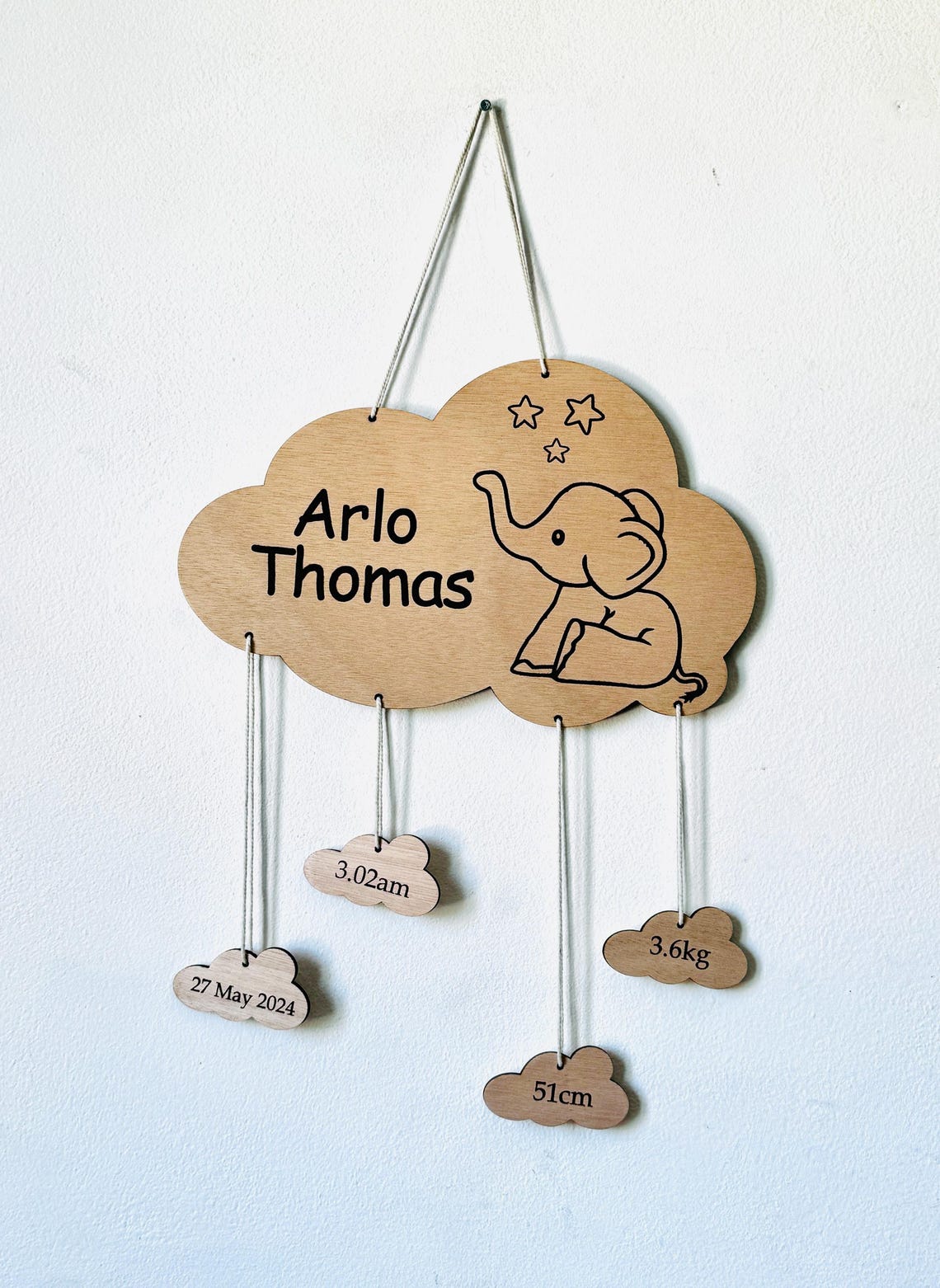 Personalized Wooden Cloud Nursery Sign: Engraved Birth Stats, Baby Name ...