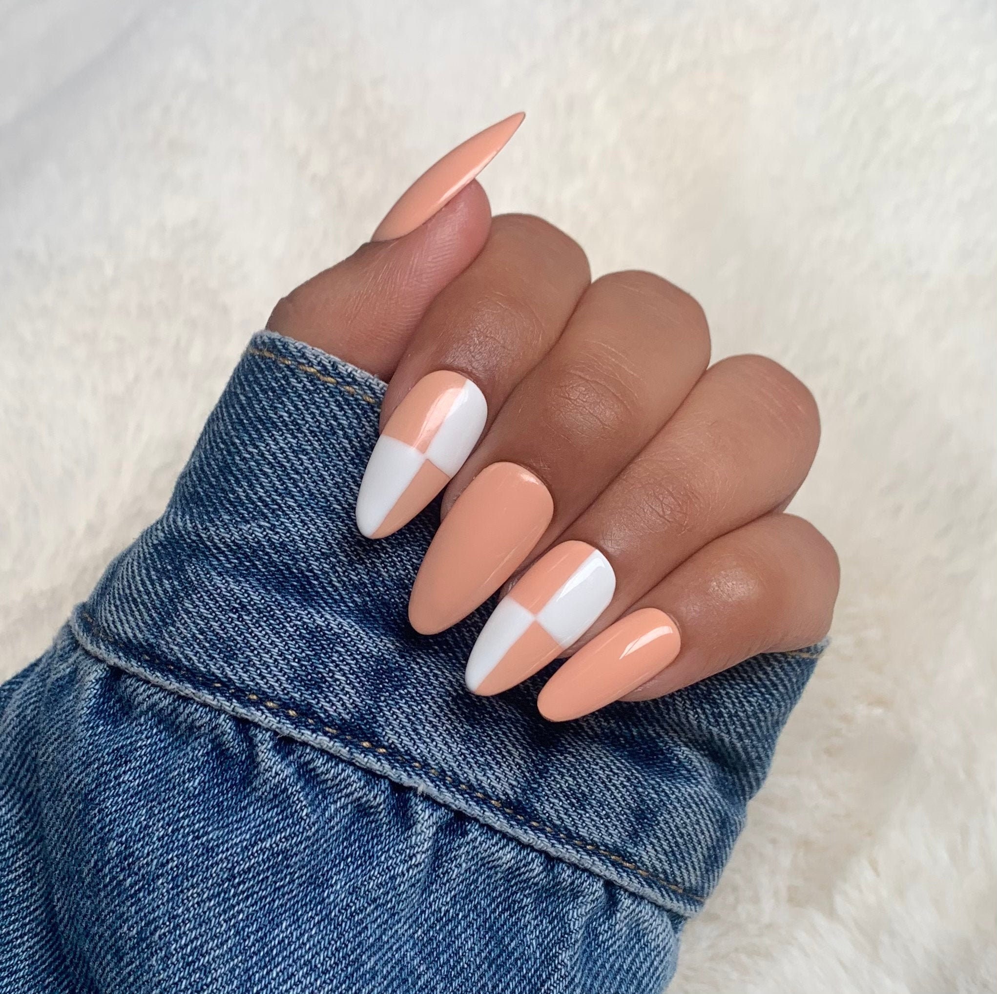 Almond Press on Nails Pink and White Press on Nails Fake | Etsy