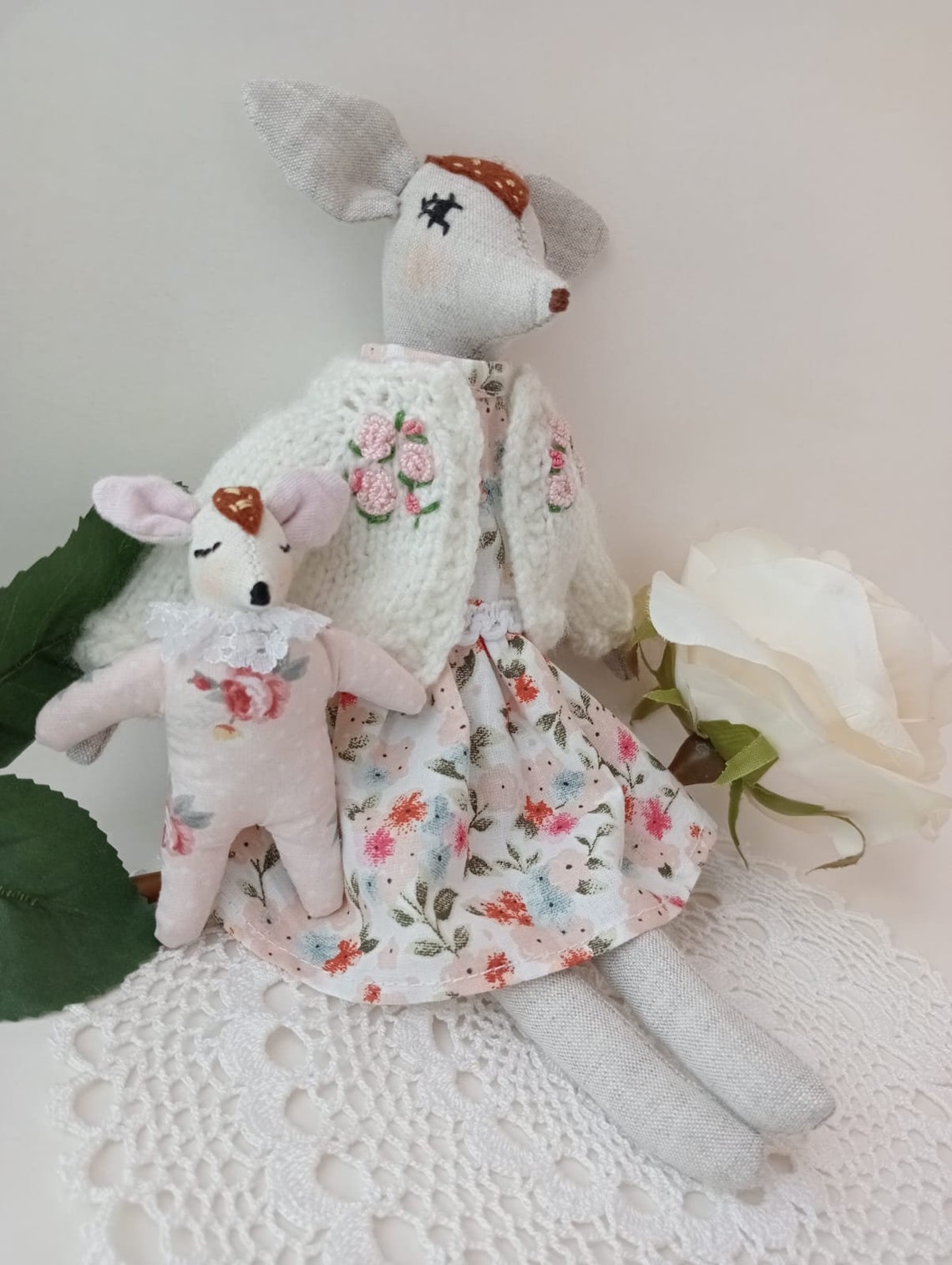 Linen Deer Doll and Baby Deer, Cloth Deer Rag Doll , Handmade Deer Doll ...