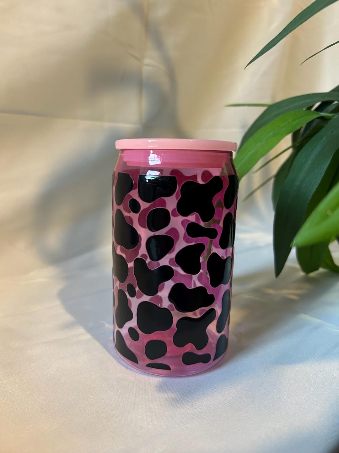 16oz Plastic Libby Can Cup With Black Cow Print Wrap | Comes With Straw ...