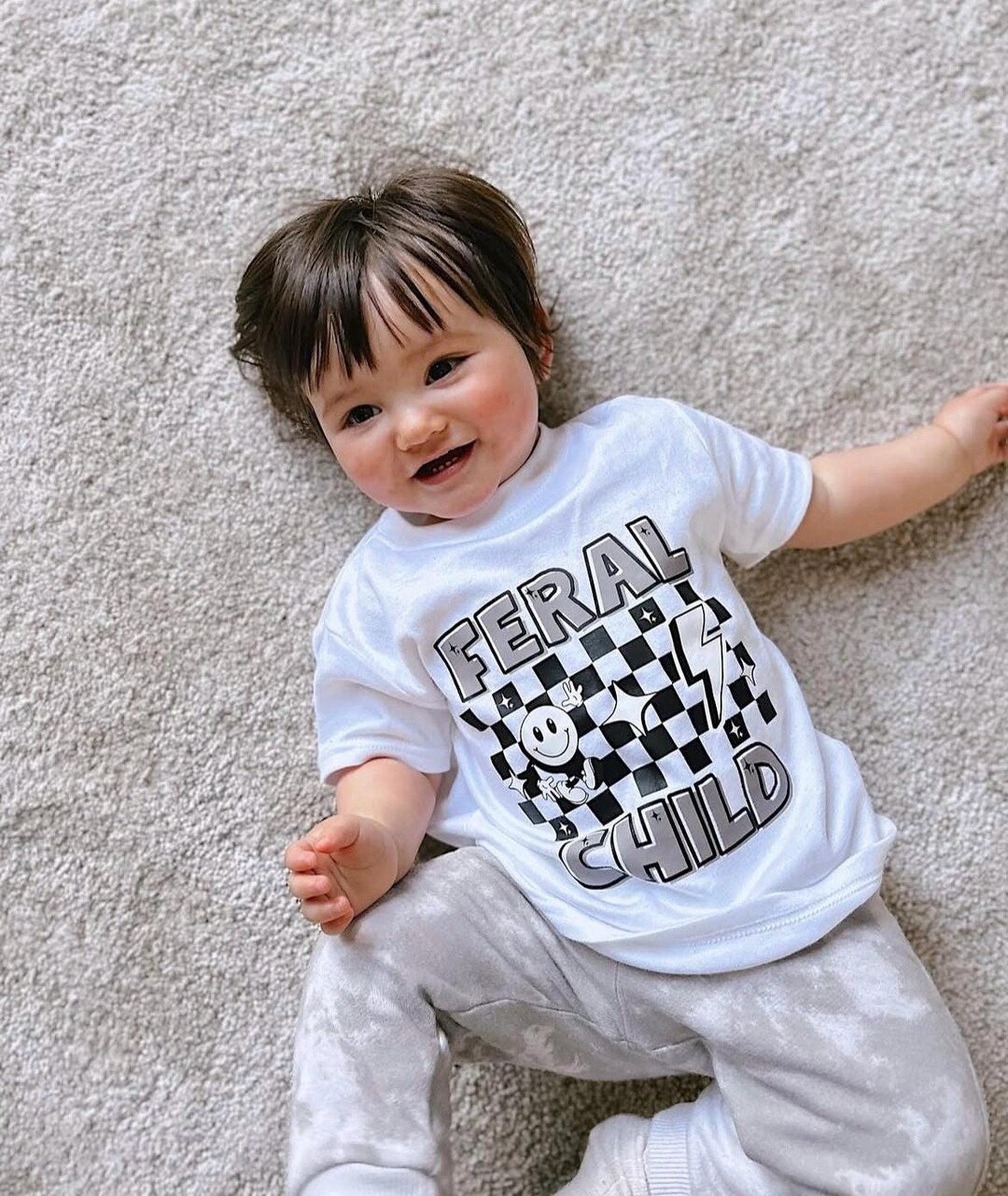 Black/grey Retro Checkered 'feral Child' Design on Children's T-shirt ...