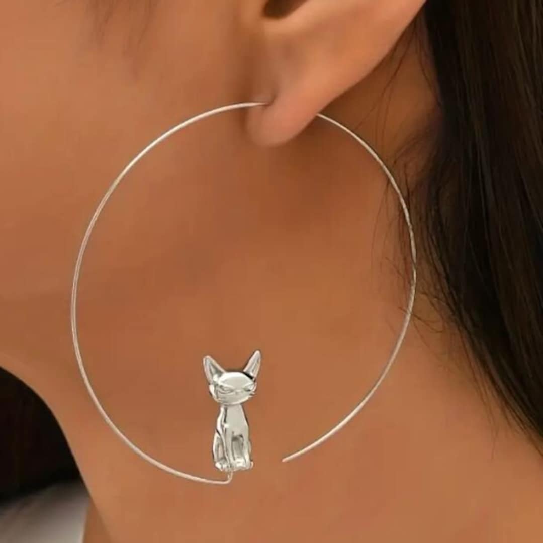 Large Hoop Earrings With Cute Cats Sitting on Them 3D Cat Can - Etsy