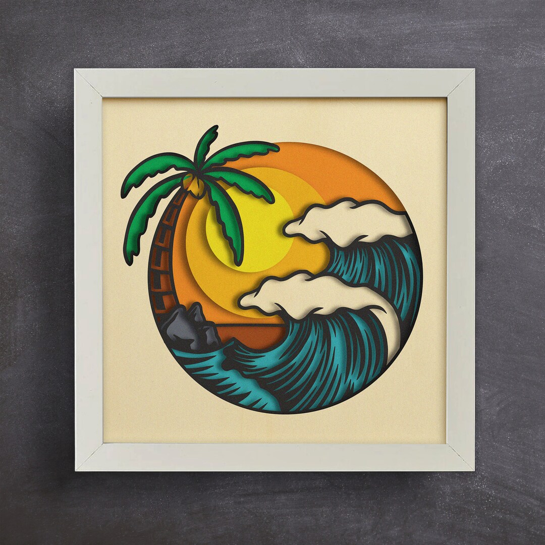 3d Beach Shadow Box Svg, 3d Summer, Landscape, 3d Sunset, 3d Waves, for ...