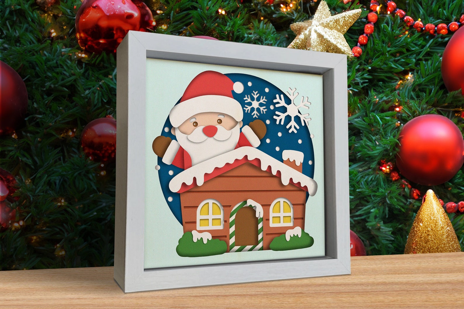 3d Santa and Christmas Shadow Box, Paper Cut Template, Christmas Layers ...