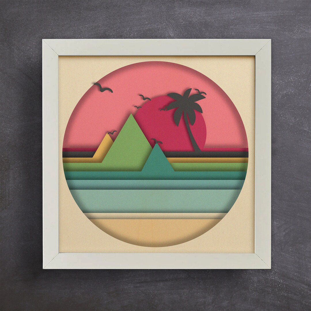 3D Beach Shadow Box SVG, 3D Landscape Layered, 3d Sunset Svg, 3d Ocean ...