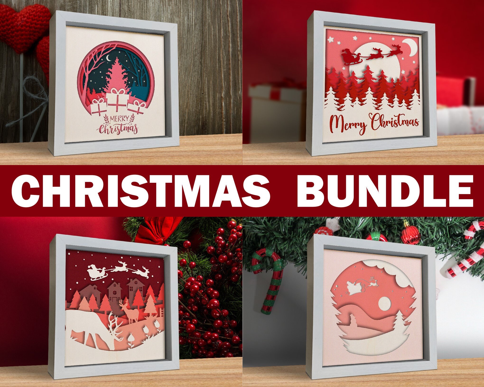 3D Christmas Shadow Box Bundle, Christmas Scene, Shadow Box SVG ...