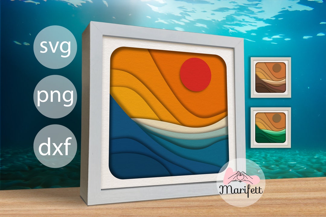 3D Sunset With Waves Shadow Box SVG, 3D Landscape Layered, 3d Sunshine ...