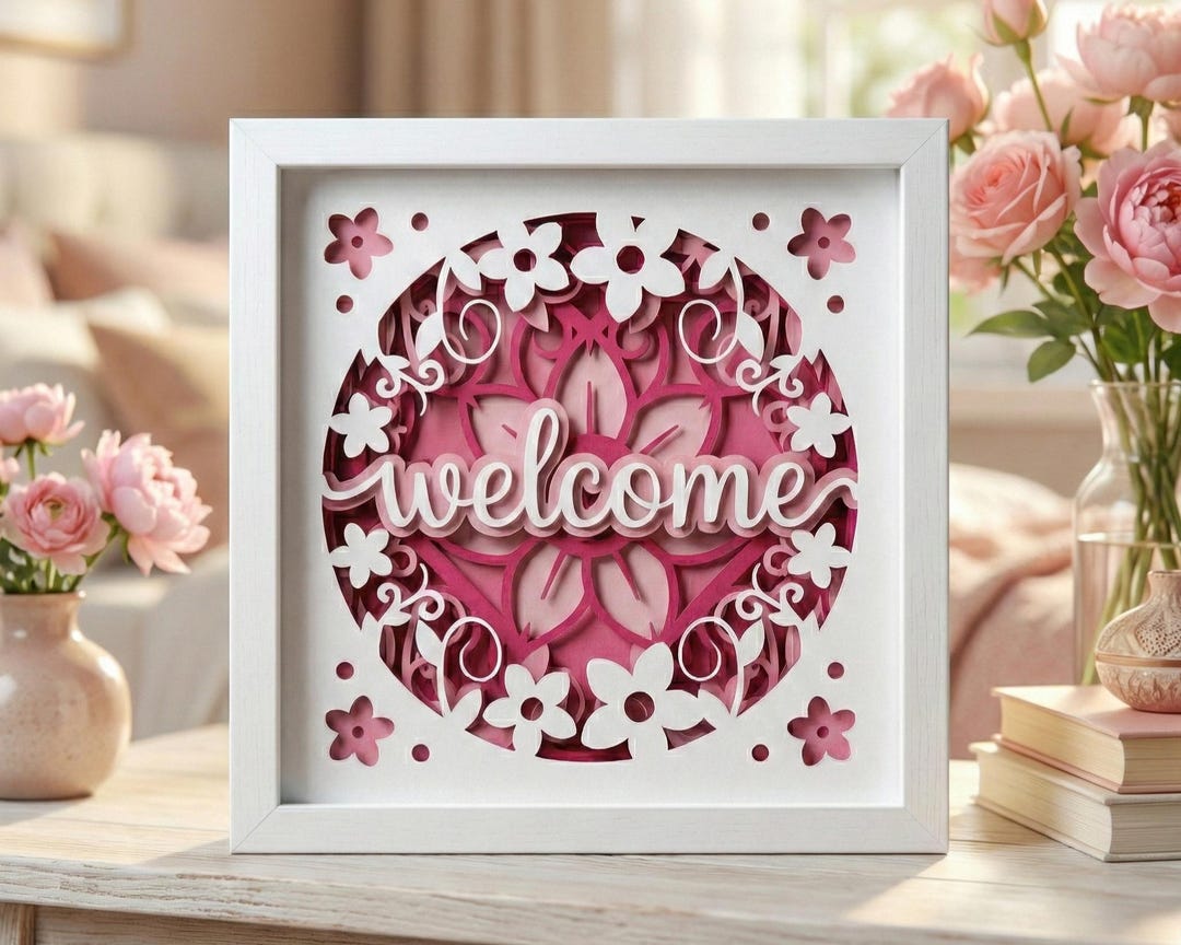 3D Welcome SVG Shadow Box, Floral Layered Papercut, DIY Spring Home ...