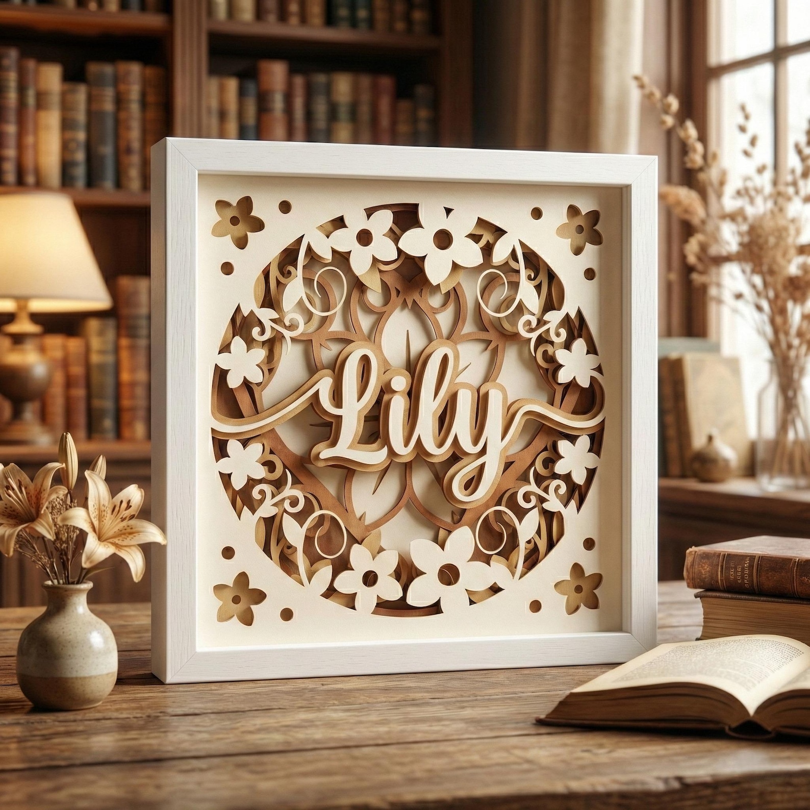 Custom Name Shadow Box SVG | Floral Layered Papercut Template ...