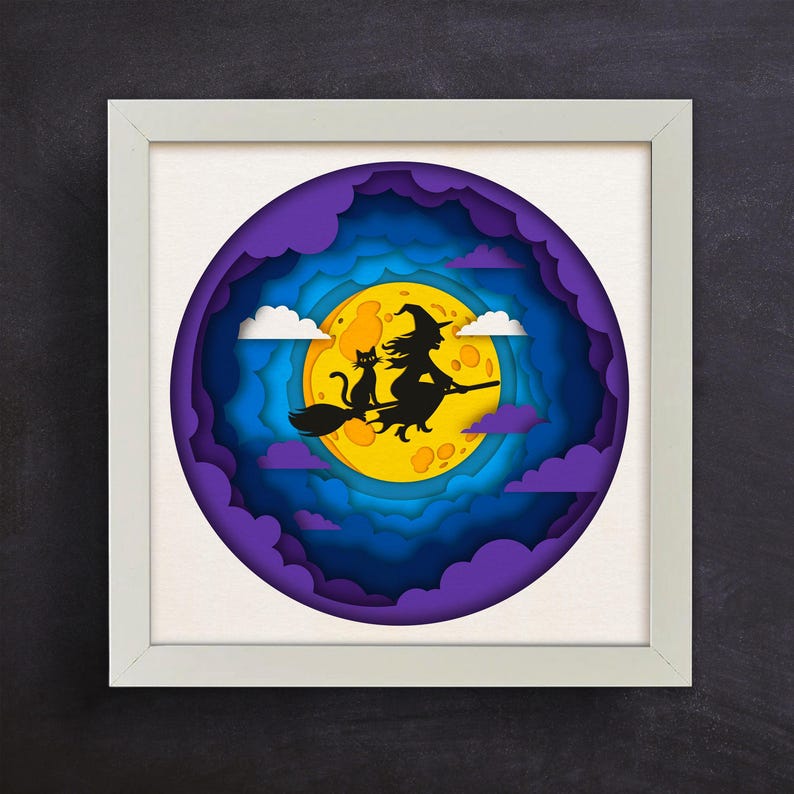 Witch Shadow Box SVG: Halloween Moon & Cat Paper Art (digital Download ...