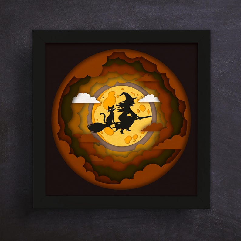 Witch Shadow Box SVG: Halloween Moon & Cat Paper Art (digital Download ...