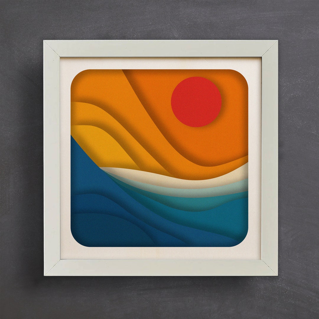 3D Sunset With Waves Shadow Box SVG, 3D Landscape Layered, 3d Sunshine ...