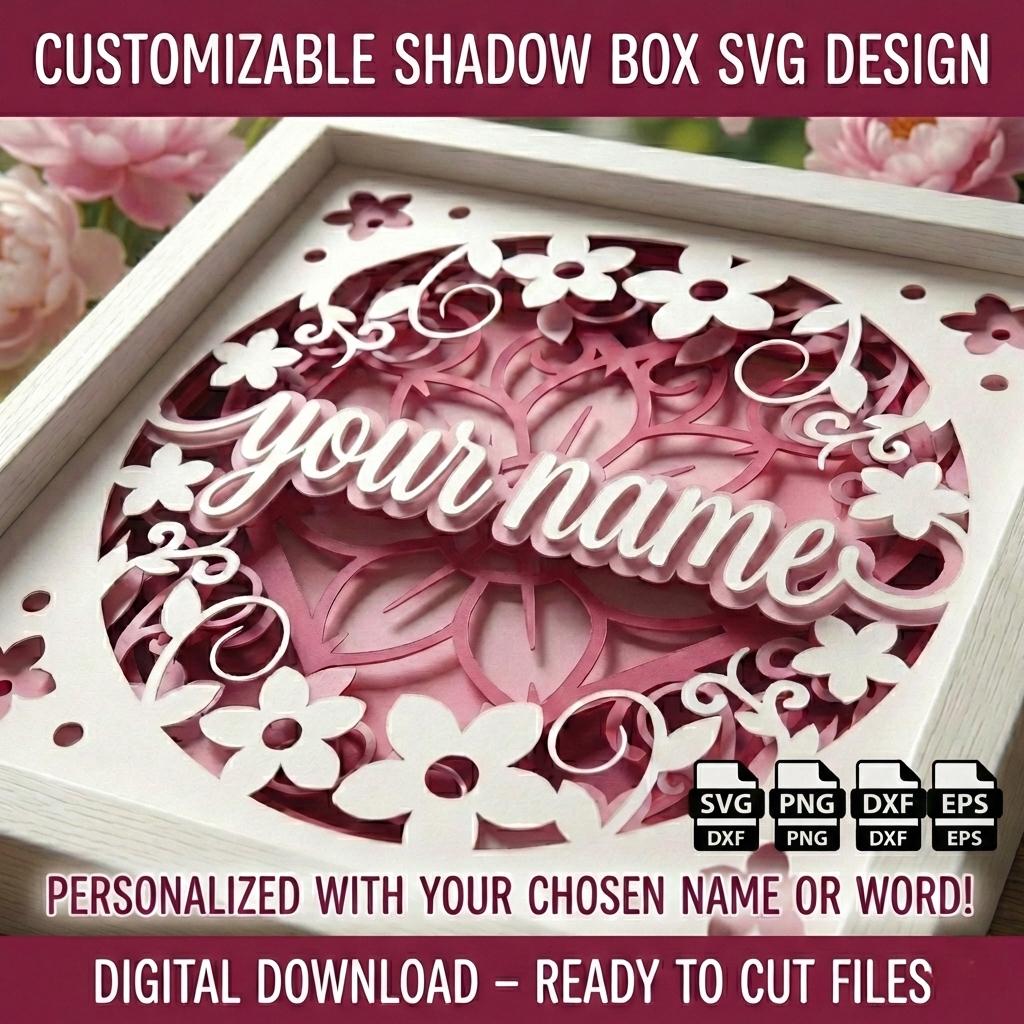Custom Name Shadow Box SVG | Floral Layered Papercut Template ...