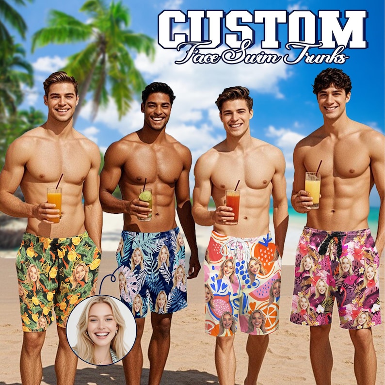 Custom Face Men Swimwear Personalized Men Bathing Suit Face on Beach ...