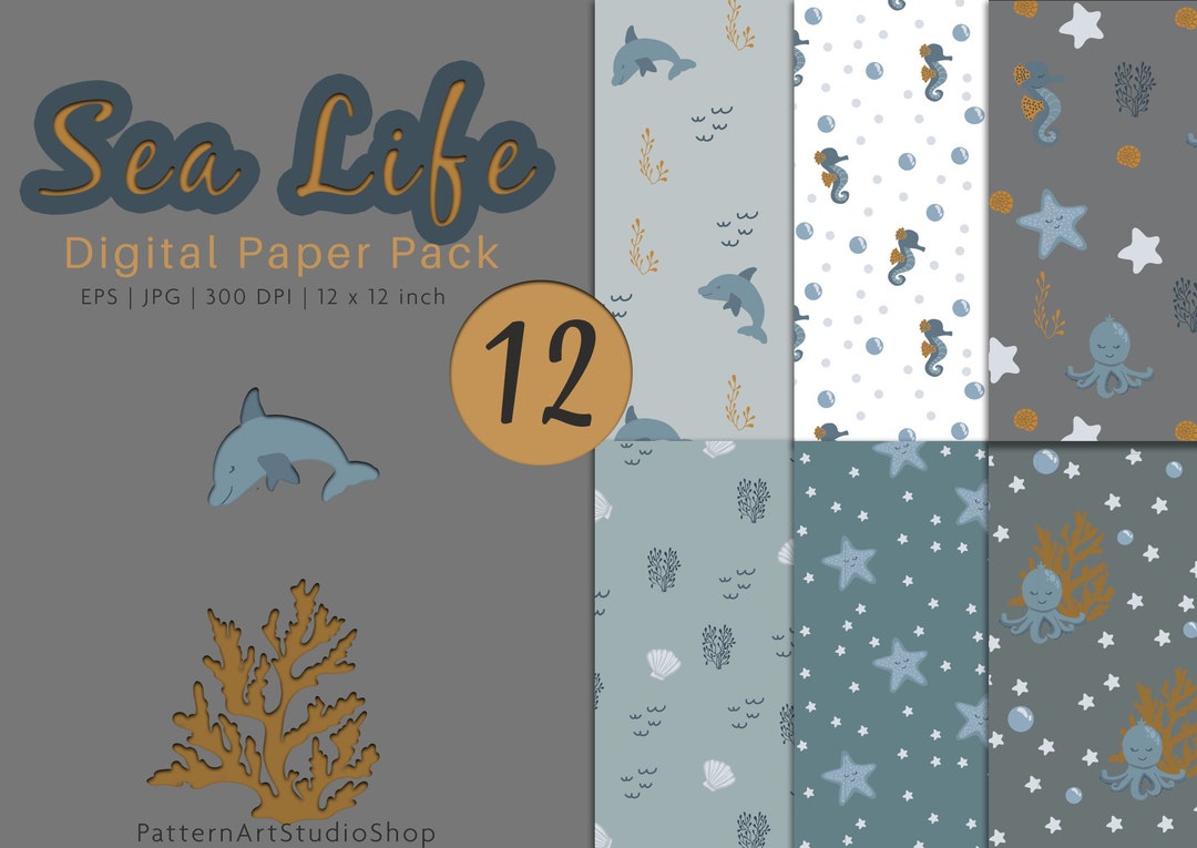 Sea Life, Digital Paper Pack, Seamless Pattern, Shell EPS, Dolphin ...