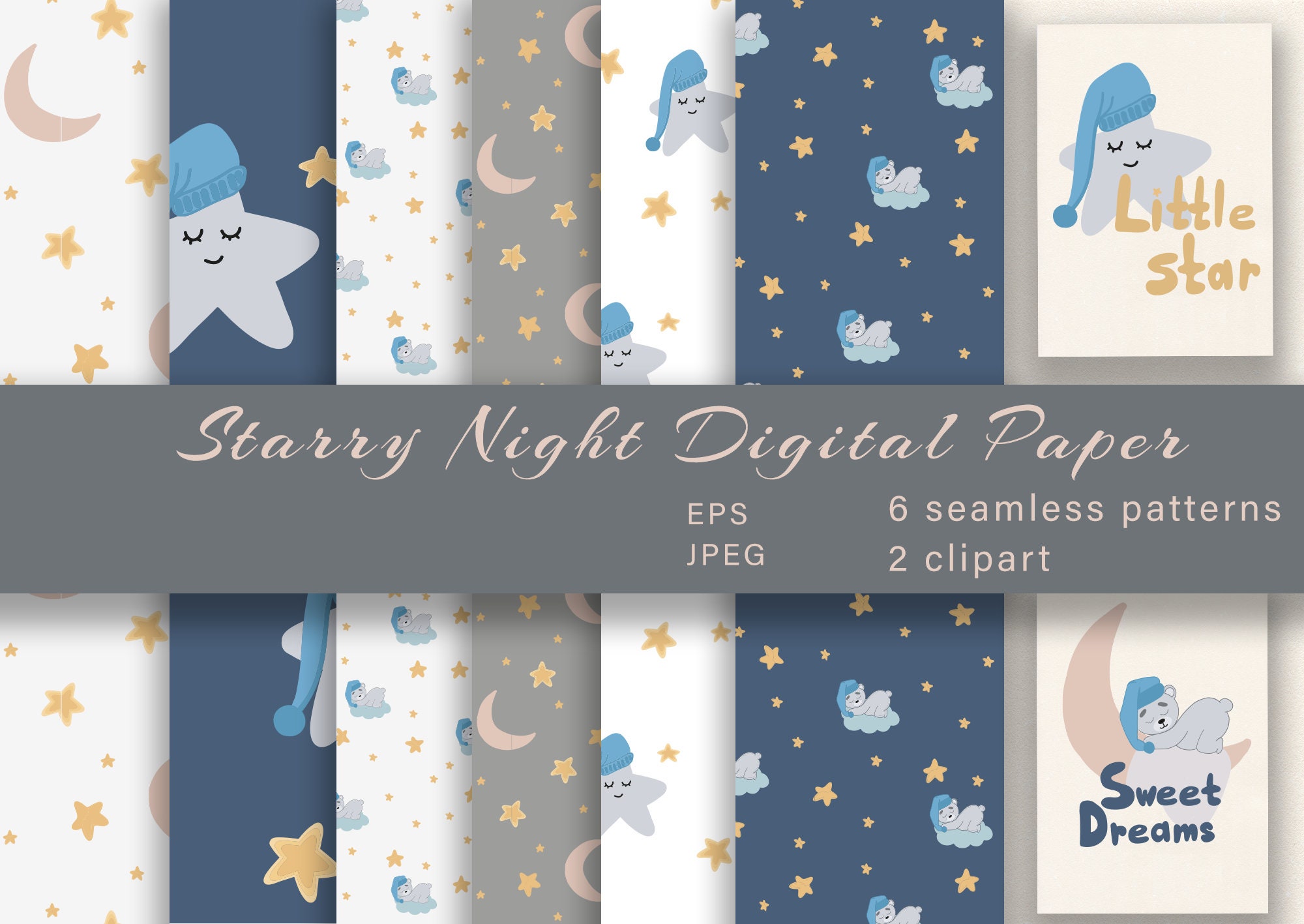 Starry Night Digital Paper Moon and Stars Seamless Pattern - Etsy