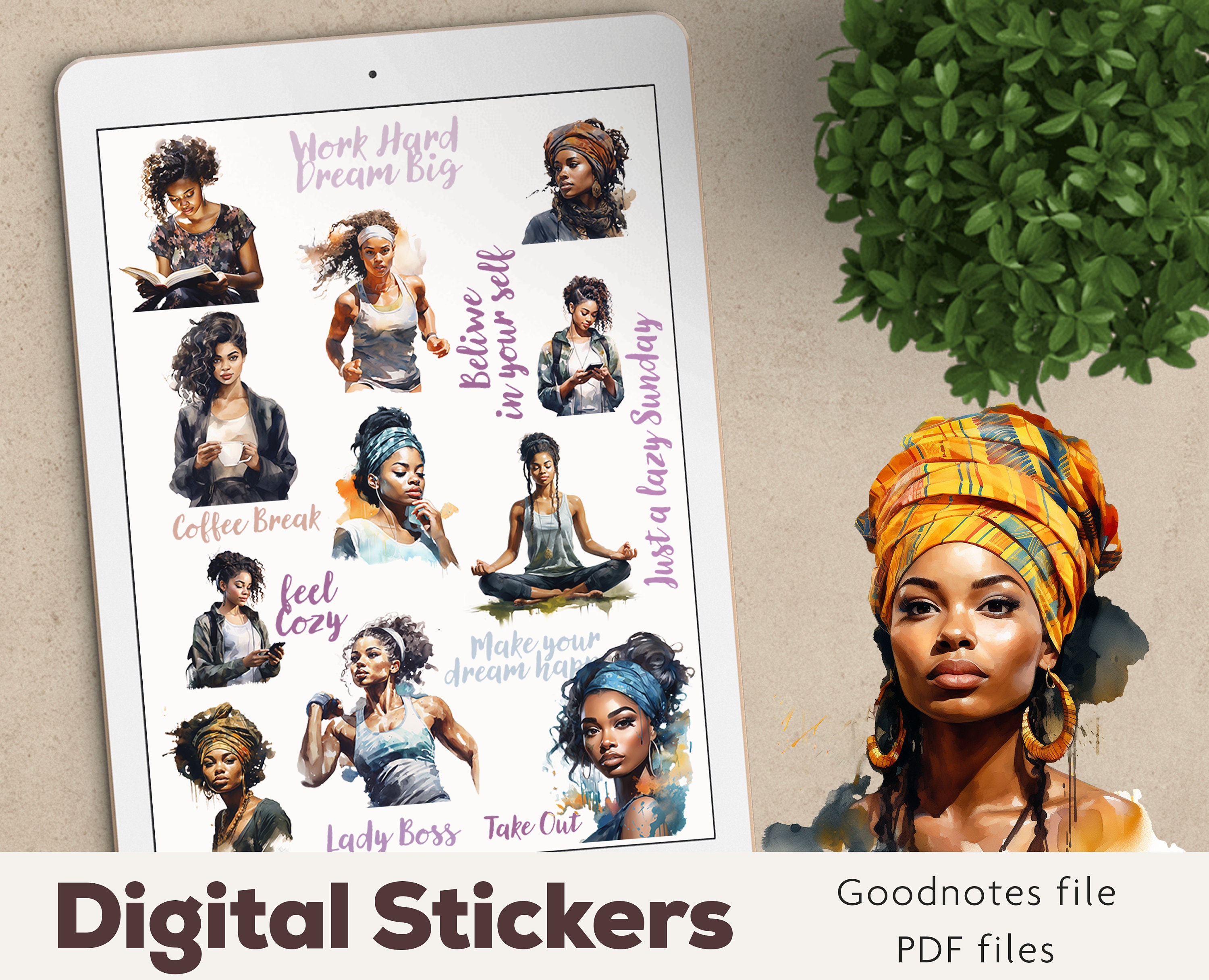 Black Girl Aesthetic Digital Stickers, Watercolor Goodnotes Stickers ...