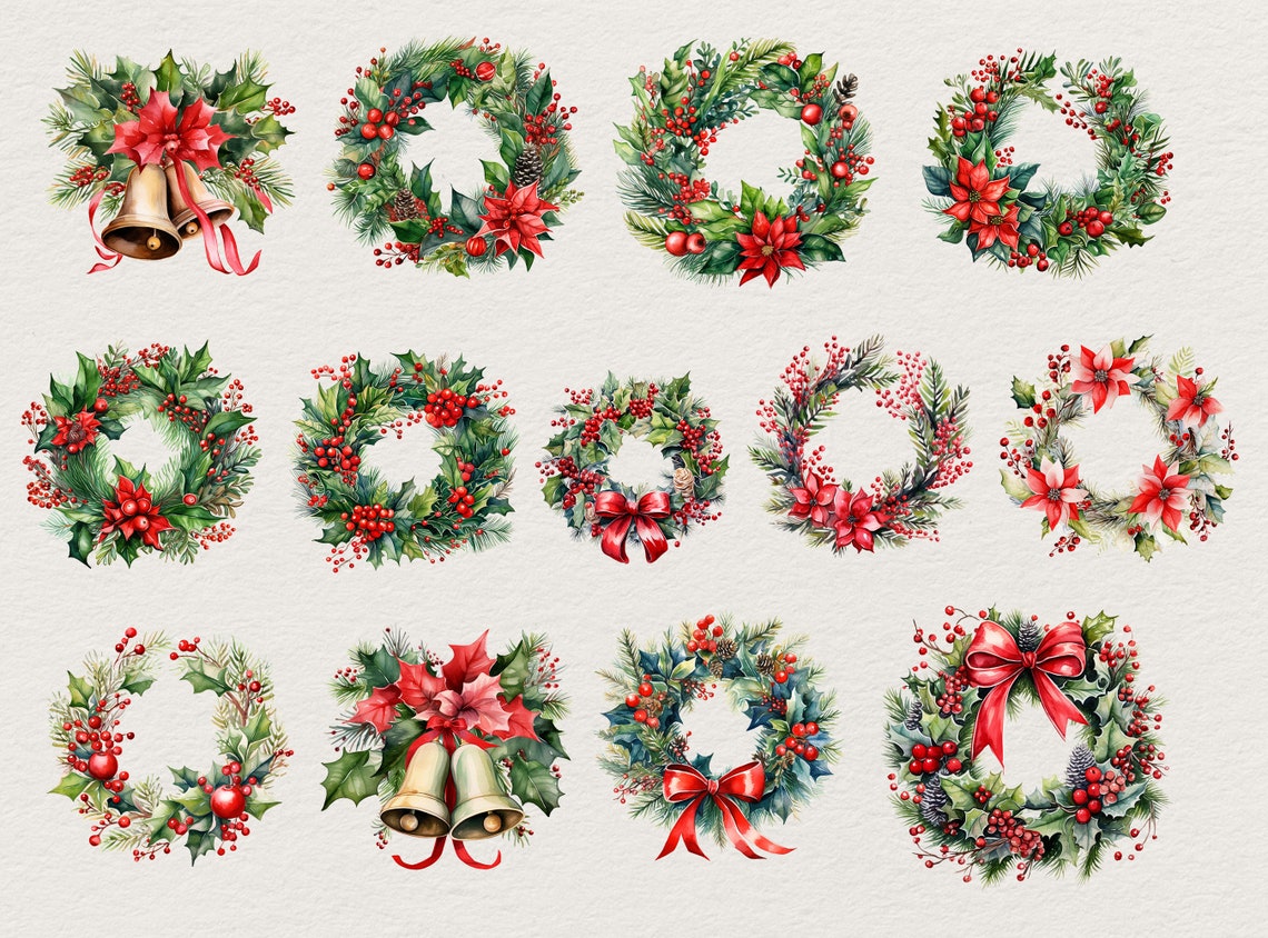 Watercolor Christmas Wreath Clipart, Merry Christmas Holiday Wreath ...