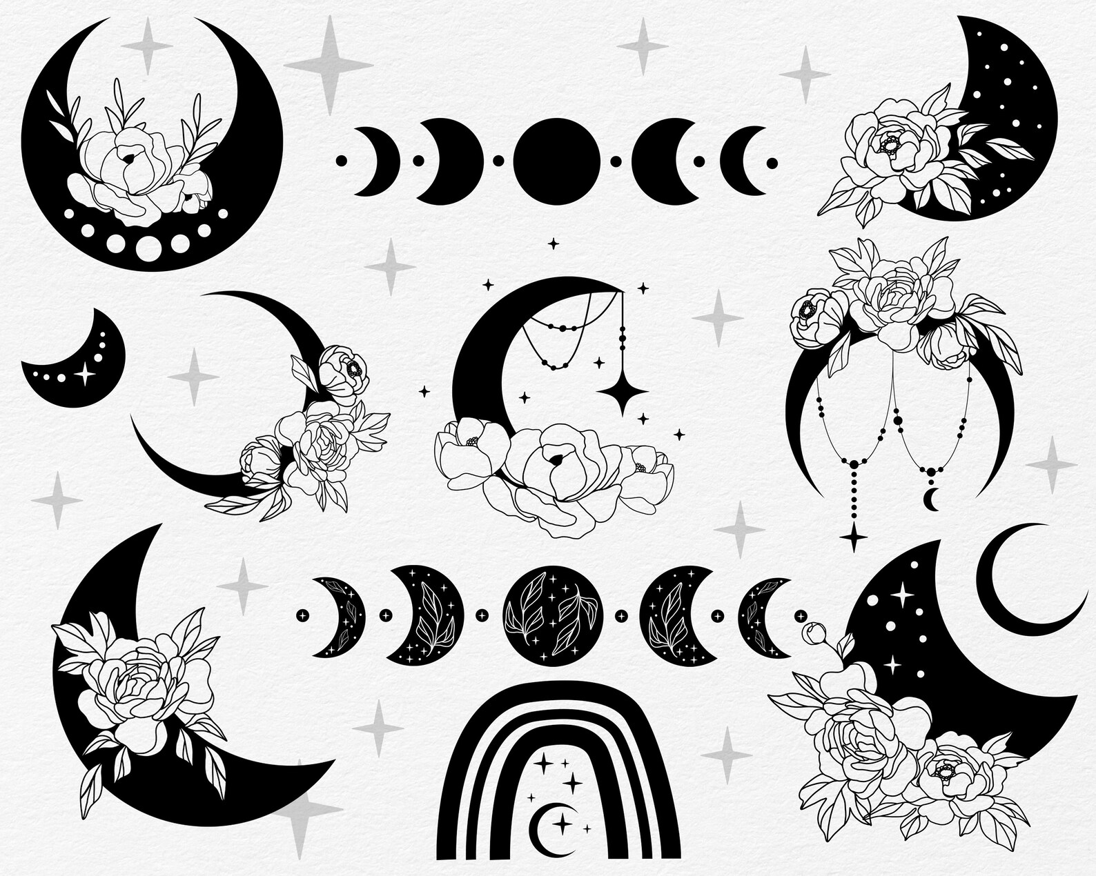 Floral Moon SVG Bundle, Celestial Svg, Boho Moon Svg, Moon Phases Svg ...