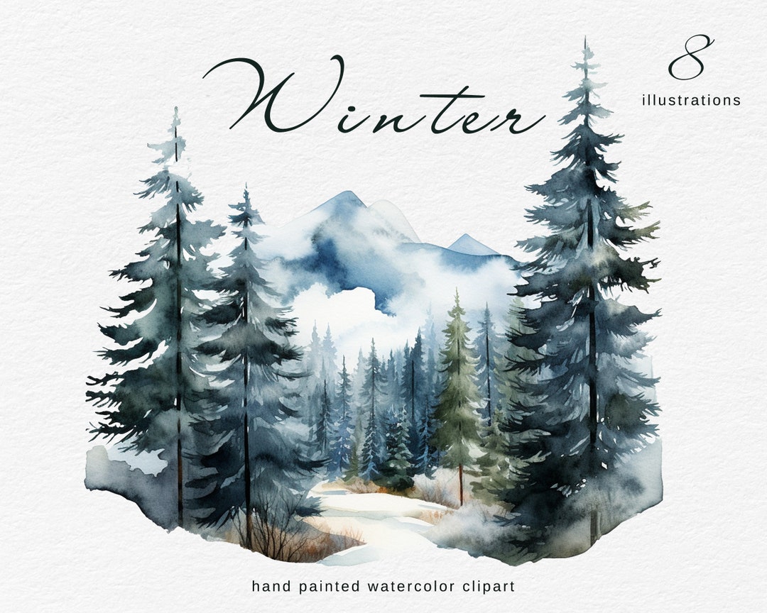 Watercolor Winter Clipart, Watercolor Winter Tree PNG, Pine Fir Tree, Christmas Tree PNG, Winter ...