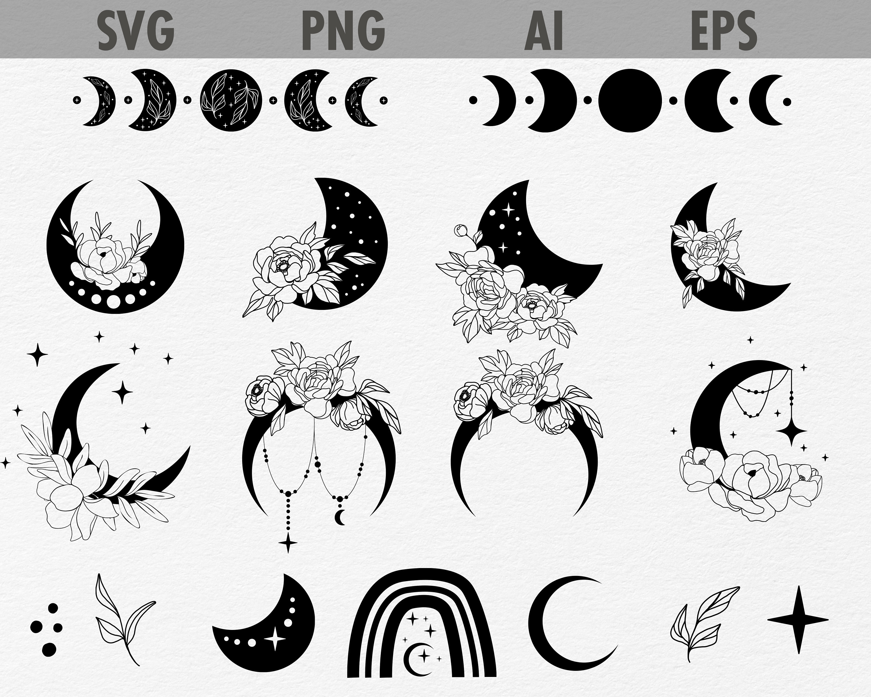 Floral Moon SVG Bundle, Celestial Svg, Boho Moon Svg, Moon Phases Svg ...