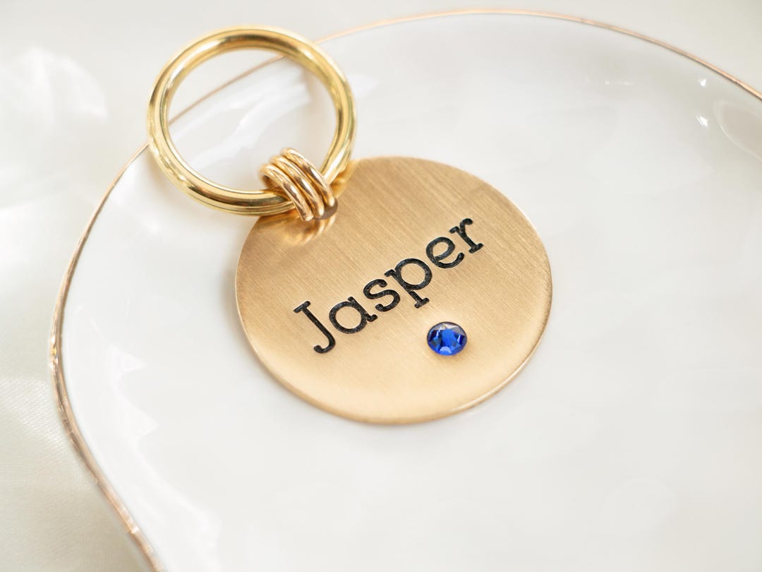 Large (1.25") Gold Dog Tag - Crystal Birthstone - Custom Engraved Brass ...