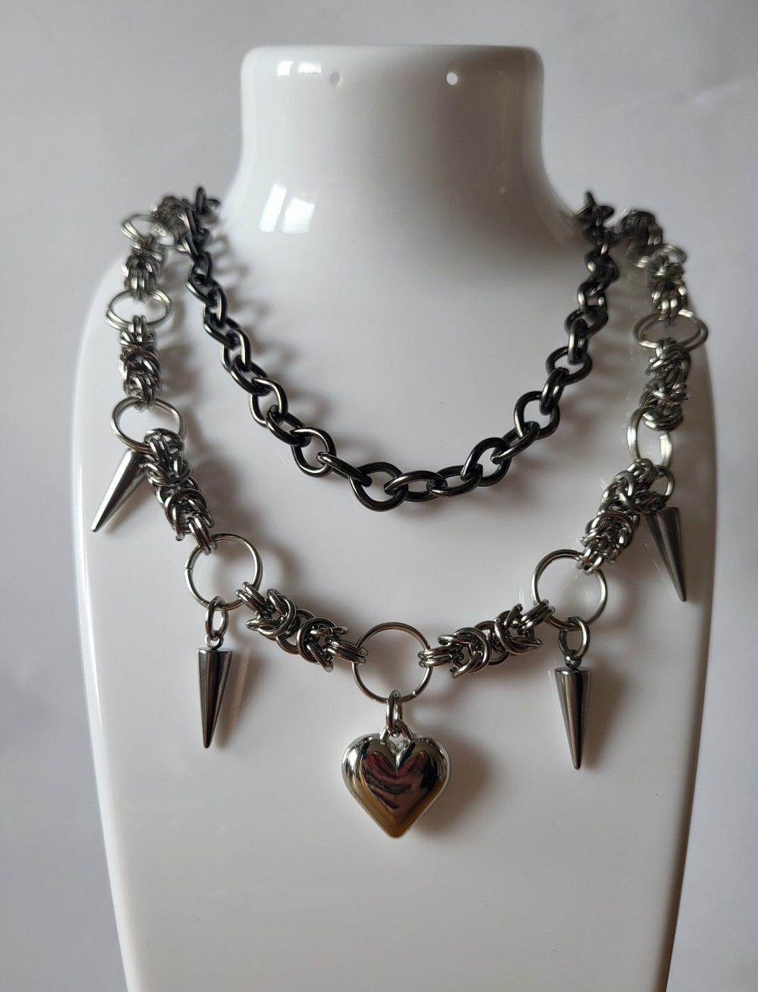 Two Tone Metal Handmade Chainmail Necklace With Heart and Spike Charms ...