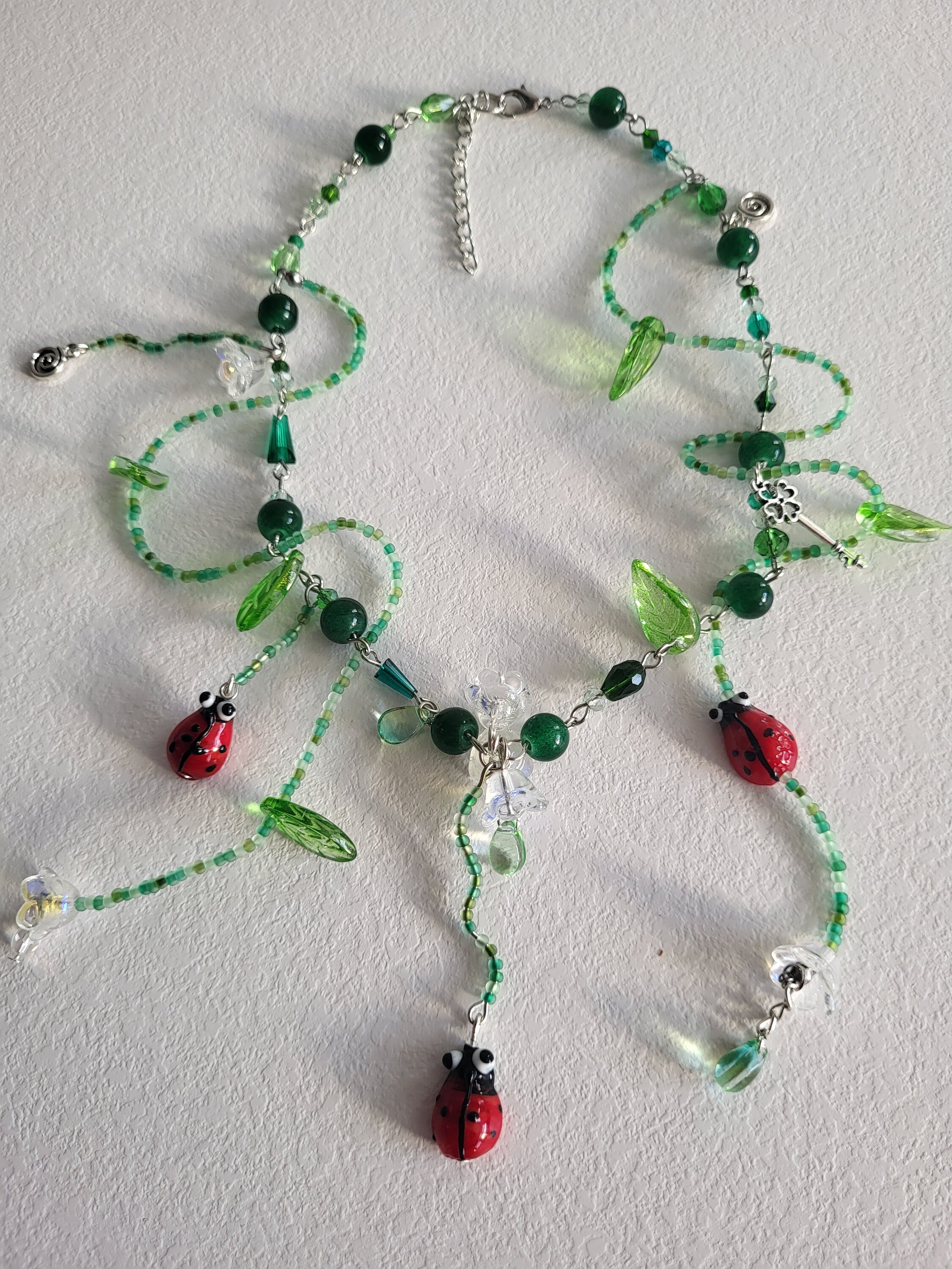 Ladybug Vine Necklace. Lampwork Glass Beaded Necklace With Wrapped ...