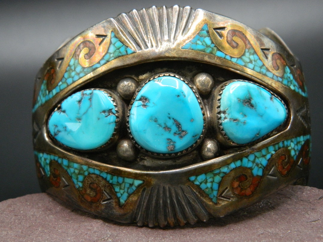 Vintage Charlie Singer Navajo Turquoise Nugget & Coral Chip Inlay Cuff ...