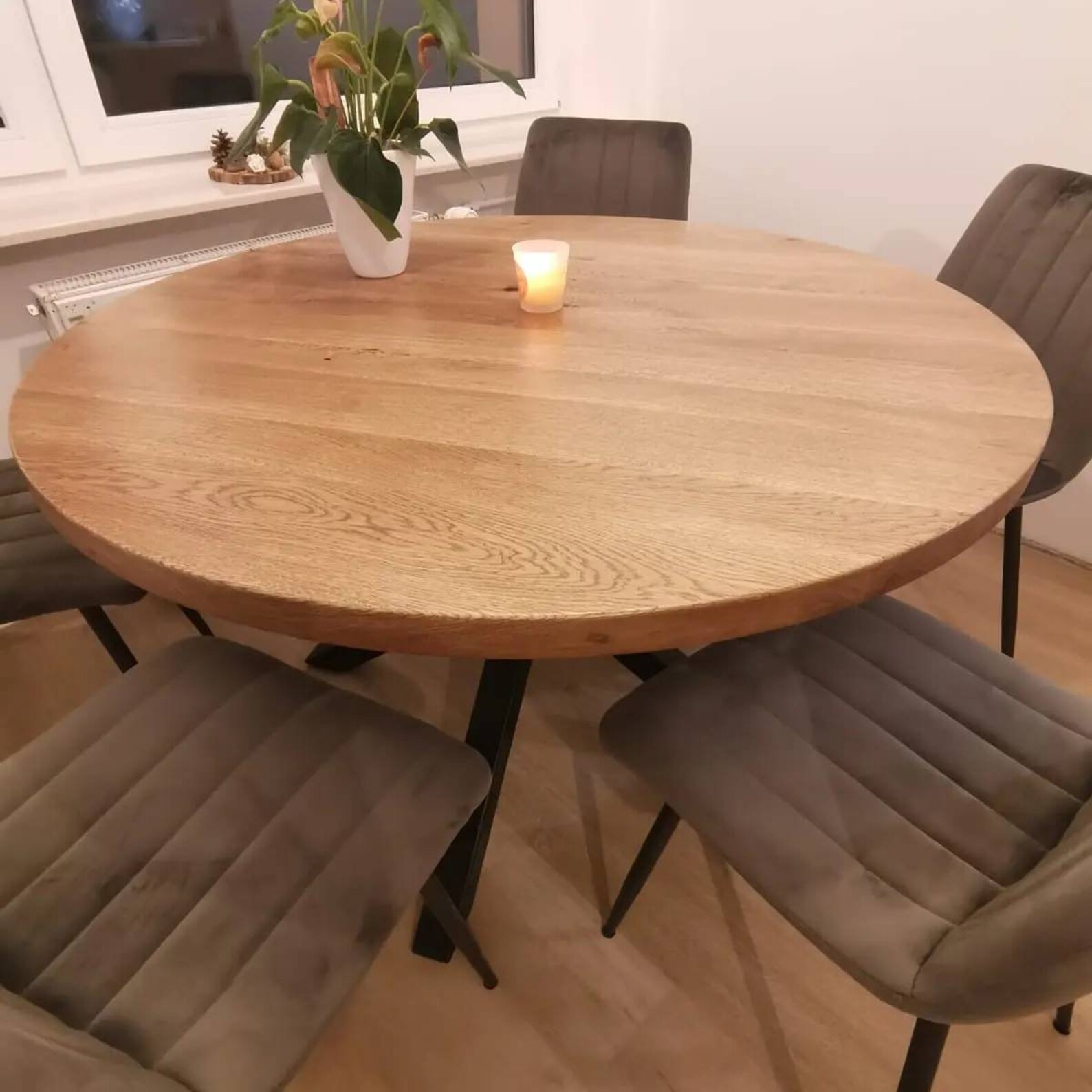 Round Solid Oak Wood Dining Table | MCM Dine Table With Industrial ...