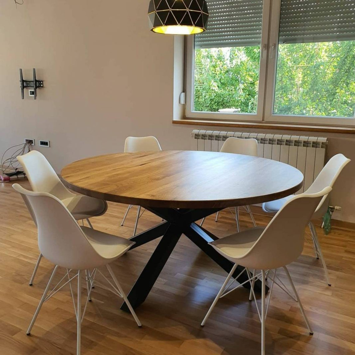 Round Solid Oak Wood Dining Table | MCM Dine Table With Industrial ...