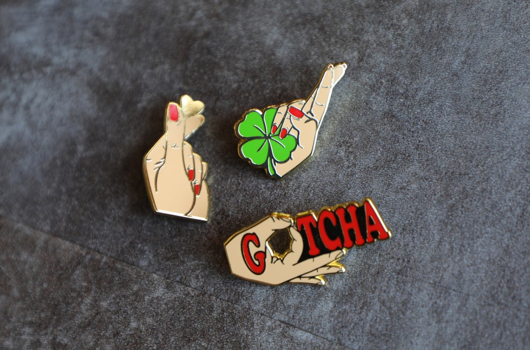 Crossed Fingers, Love Sign and Gotcha Hands Set Hard Enamel Pins Gift ...