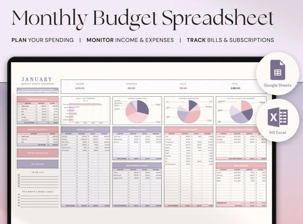 Google Sheets Budget Spreadsheet Monthly Budget Excel Template Finance ...