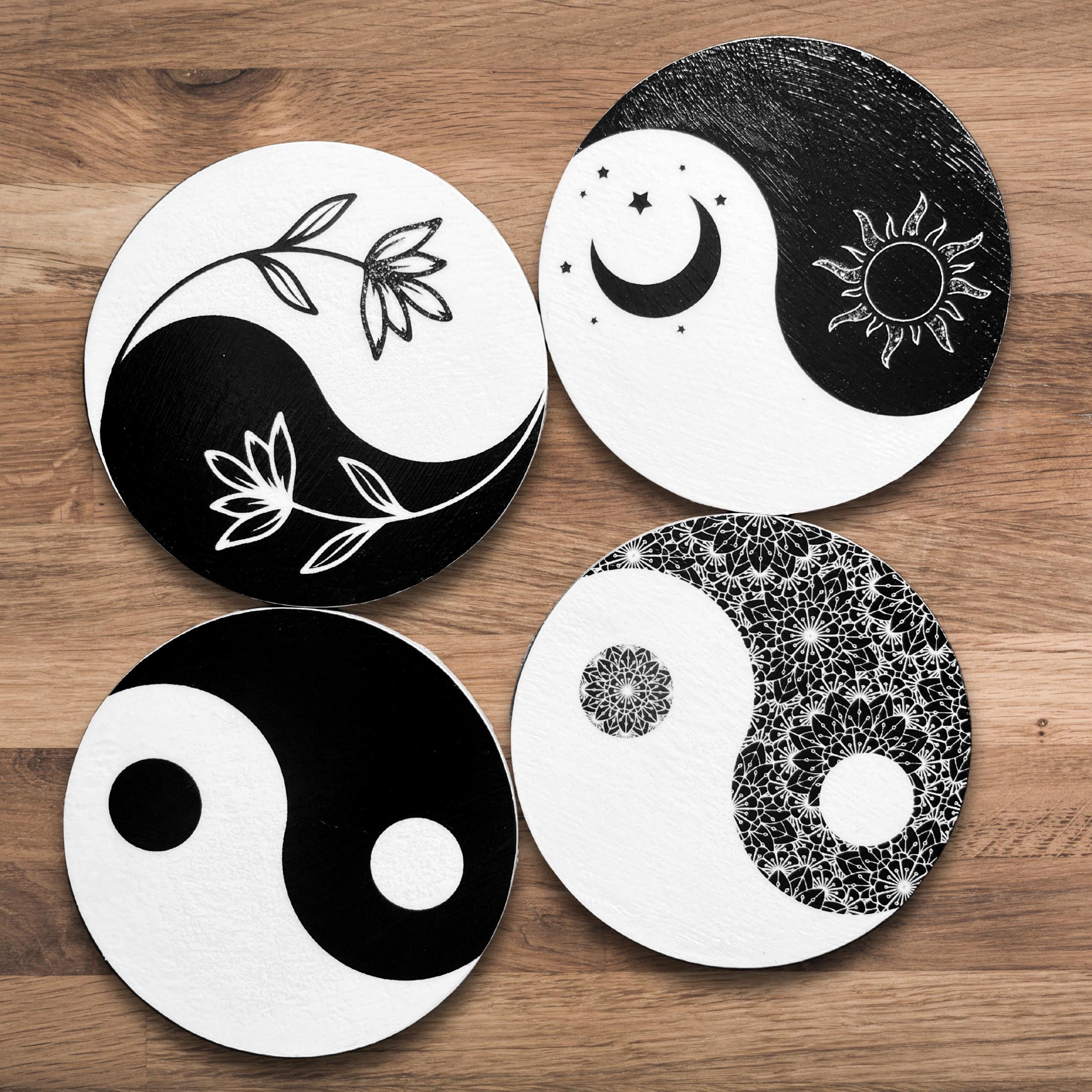 Ying Yang Black and White Wood Coaster Set, Home Decor, Housewarming ...