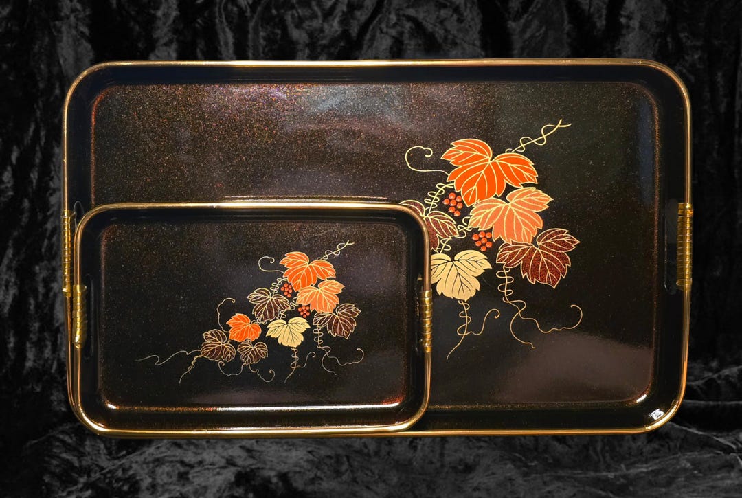 Retro Glittery Brown Wajima Lacquered Tray Set W/leaf Design - 2 Pieces ...